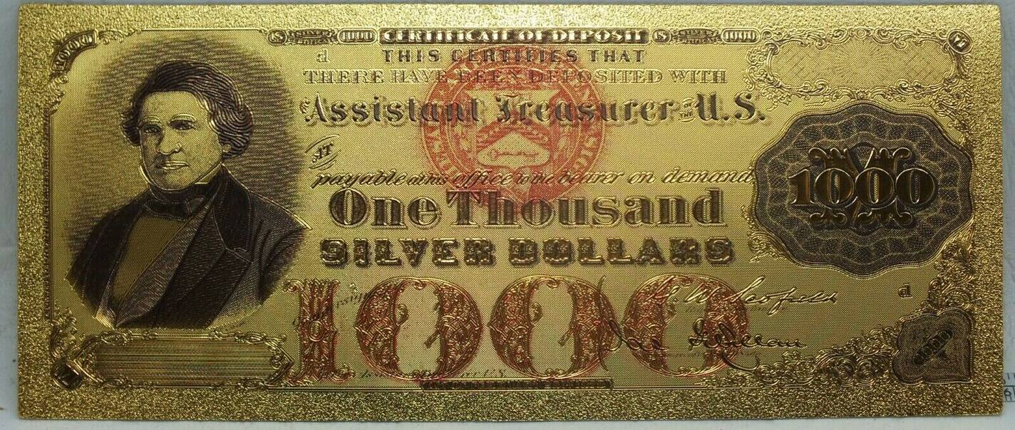USA 1878 $ 1000 Silver Certificate Novelty 24K Gold Foil Plated Note ...