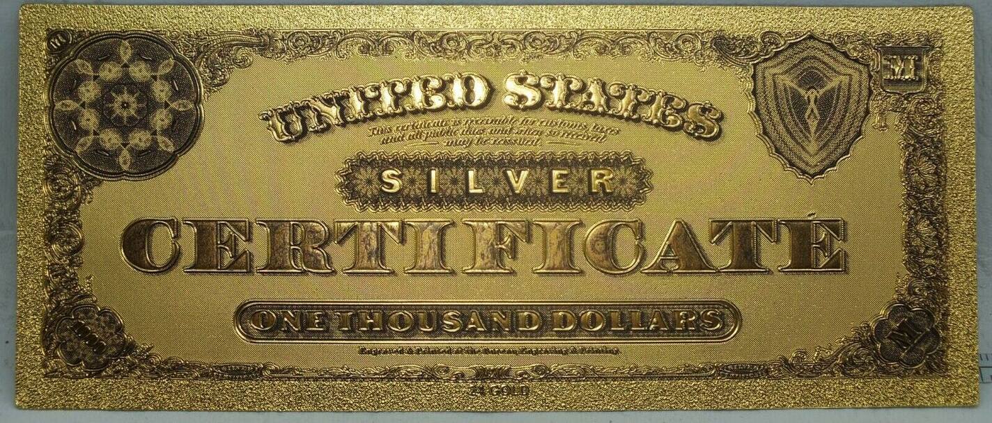 USA 1878 $ 1000 Silver Certificate Novelty 24K Gold Foil Plated Note ...