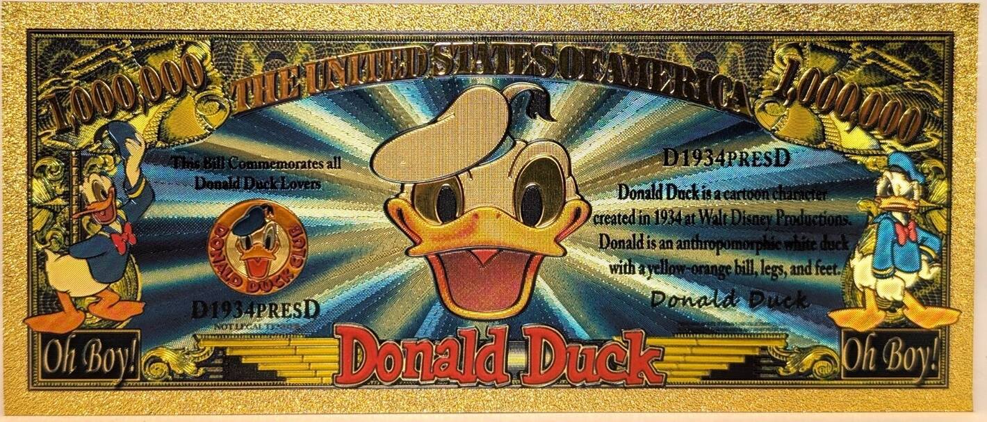 USA Dollar Donald Duck Disney Million 24K Gold Foil Plated Note Bill ...