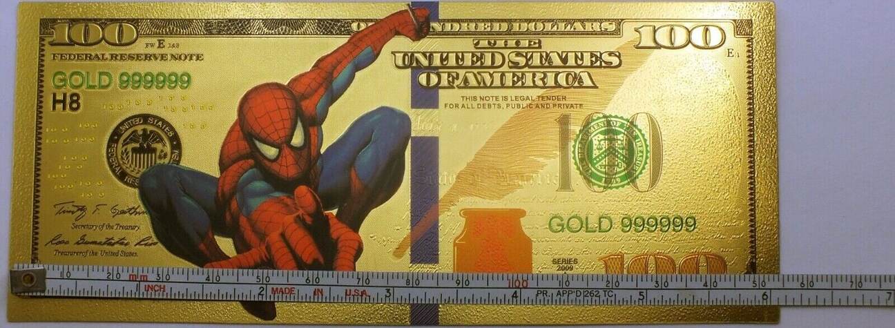 USA Spiderman Marvel Comic $100 Novelty 24K Gold Foil Plate Note Bill ...