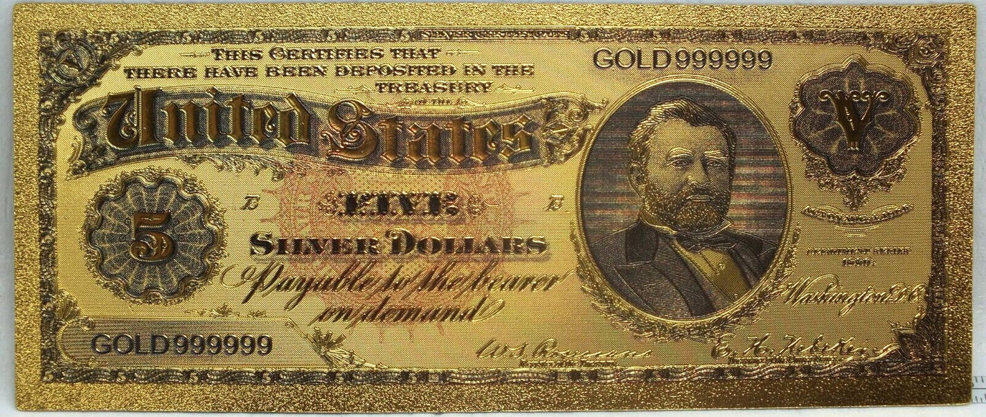 USA 1886 $ 5 Morgan Back Dollar Silver Certificate 24K Gold Foil Note ...