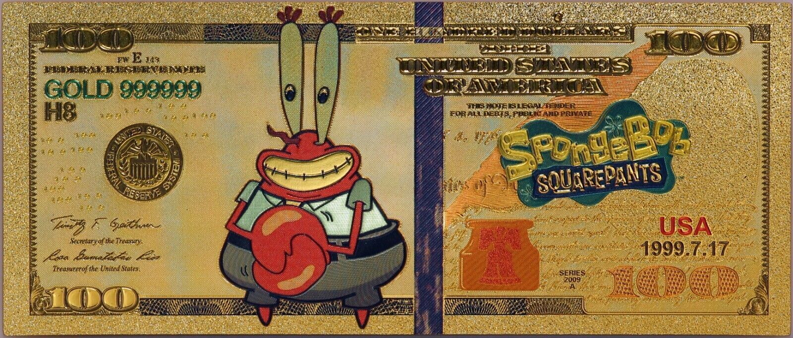 USA Mr Krabs Spongebob Cartoon $100 Novelty 24K Gold Foil Plated Note ...