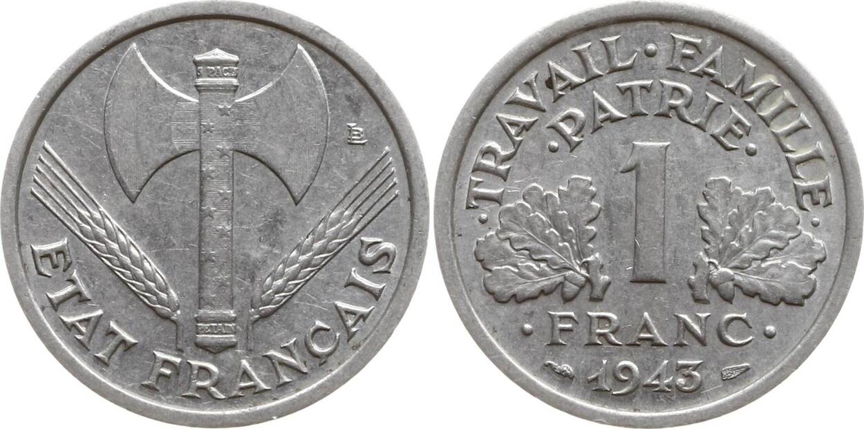 Frankreich, État Francais 1 Franc 1943 Bazor, Aluminium VF-EF | MA-Shops