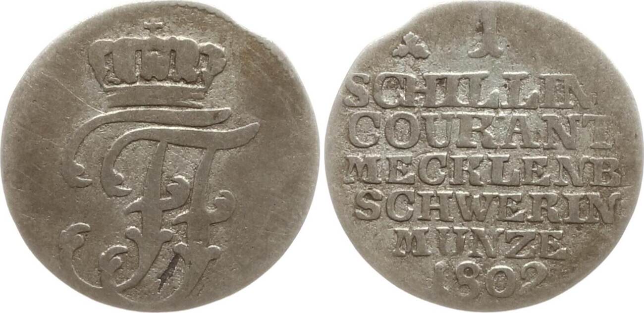 Mecklenburg-Schwerin, Herzogtum 1 Schilling 1802 Friedrich Franz I., 1785 - 1837 VF-, winz. ZE ...