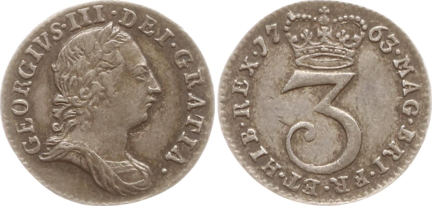 Großbritannien 3 Pence 1763 George III., 1760 - 1820 aEF, feine Patina | MA-Shops