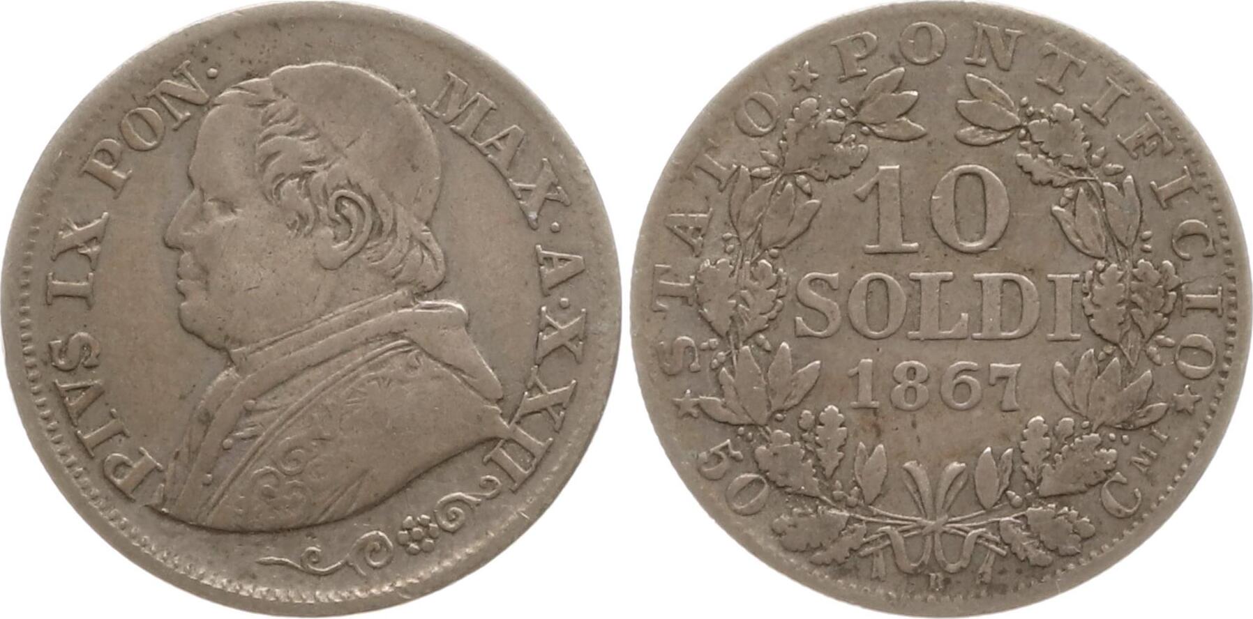 Vatikan 10 Soldi 1867 R Pius IX., 1846 - 1878, An XXII VF, feine Tönung | MA-Shops