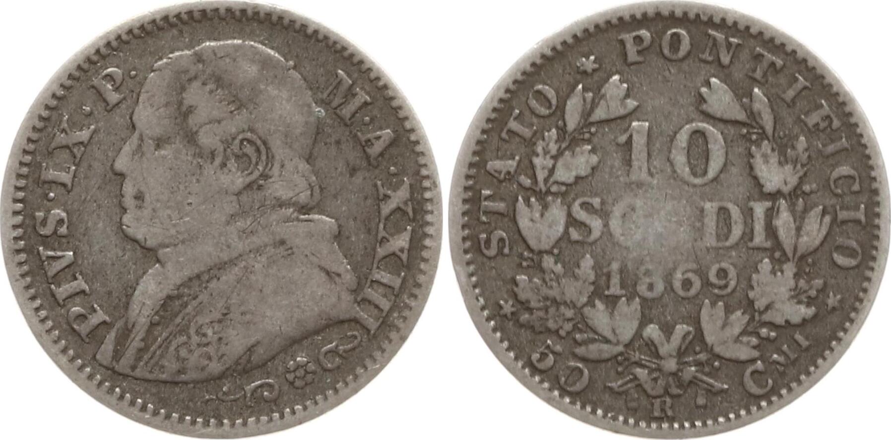 Vatikan 10 Soldi 1869 R Pius IX., 1846 - 1878, An XXIII F-VF | MA-Shops