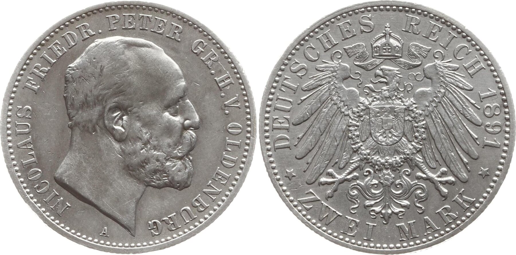 Kaiserreich Deutschland, Großherzogtum Oldenburg 2 Mark 1891 A Nicolaus Friedrich Peter, 1853 ...