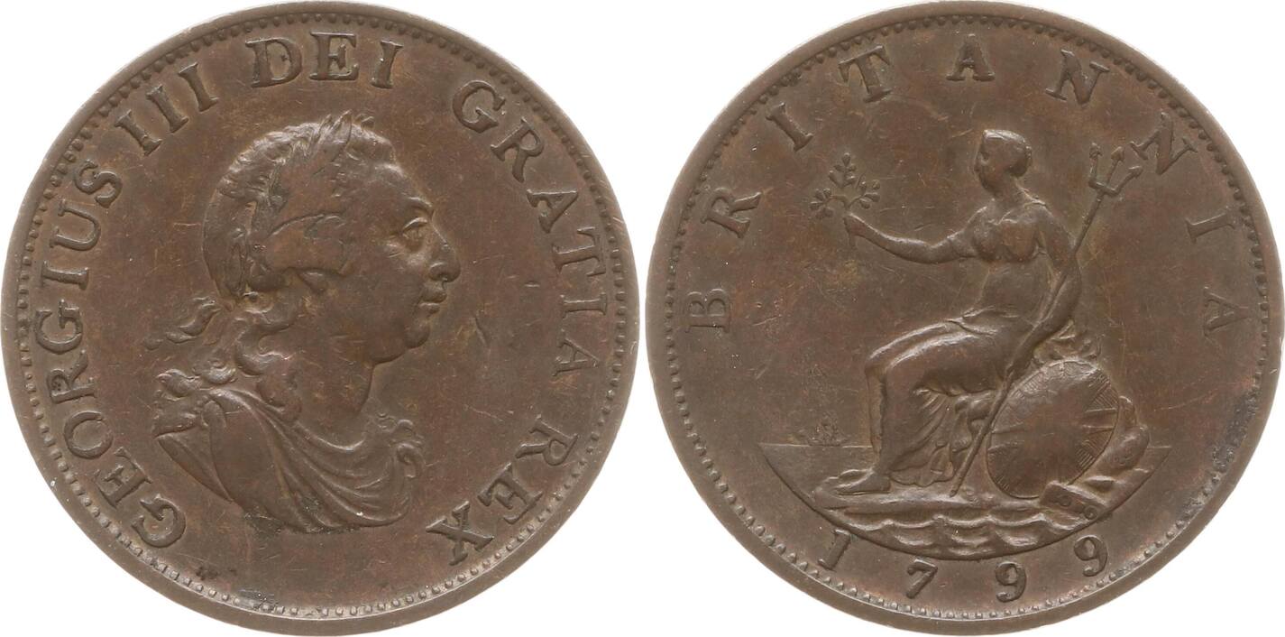 Großbritannien 1/2 Penny 1799 George III., 1760 - 1820 VF+, kl. Kr ...