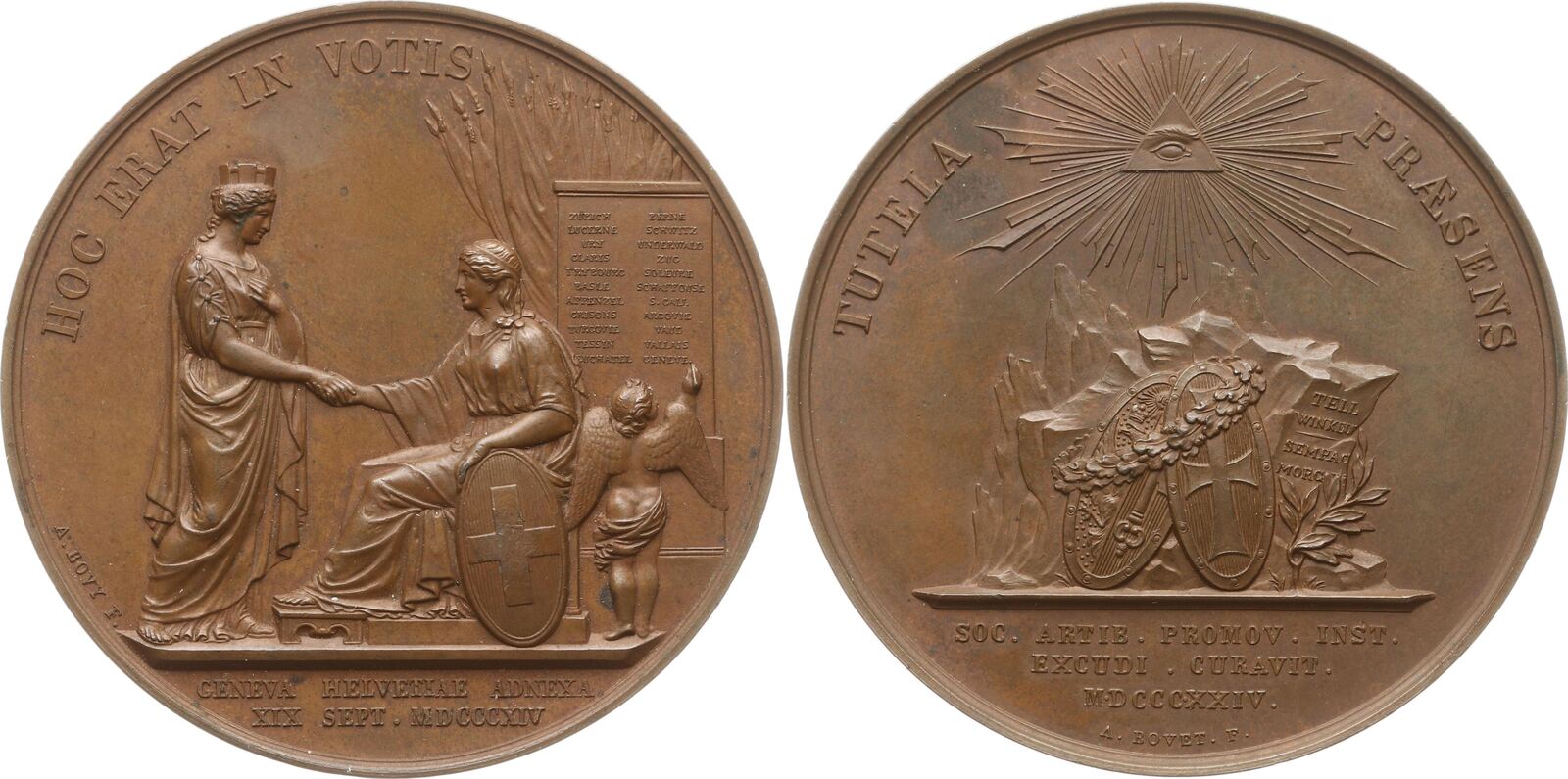 Schweiz - Genf Große Bronzemedaille 1824 v. Bovy und Bovet, auf 10 ...