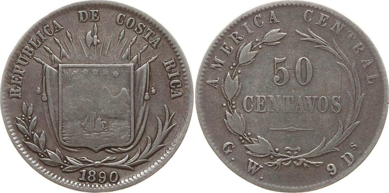 Costa Rica 50 Centavos 1890 GW F-VF, feine Kr. an Rs. | MA-Shops