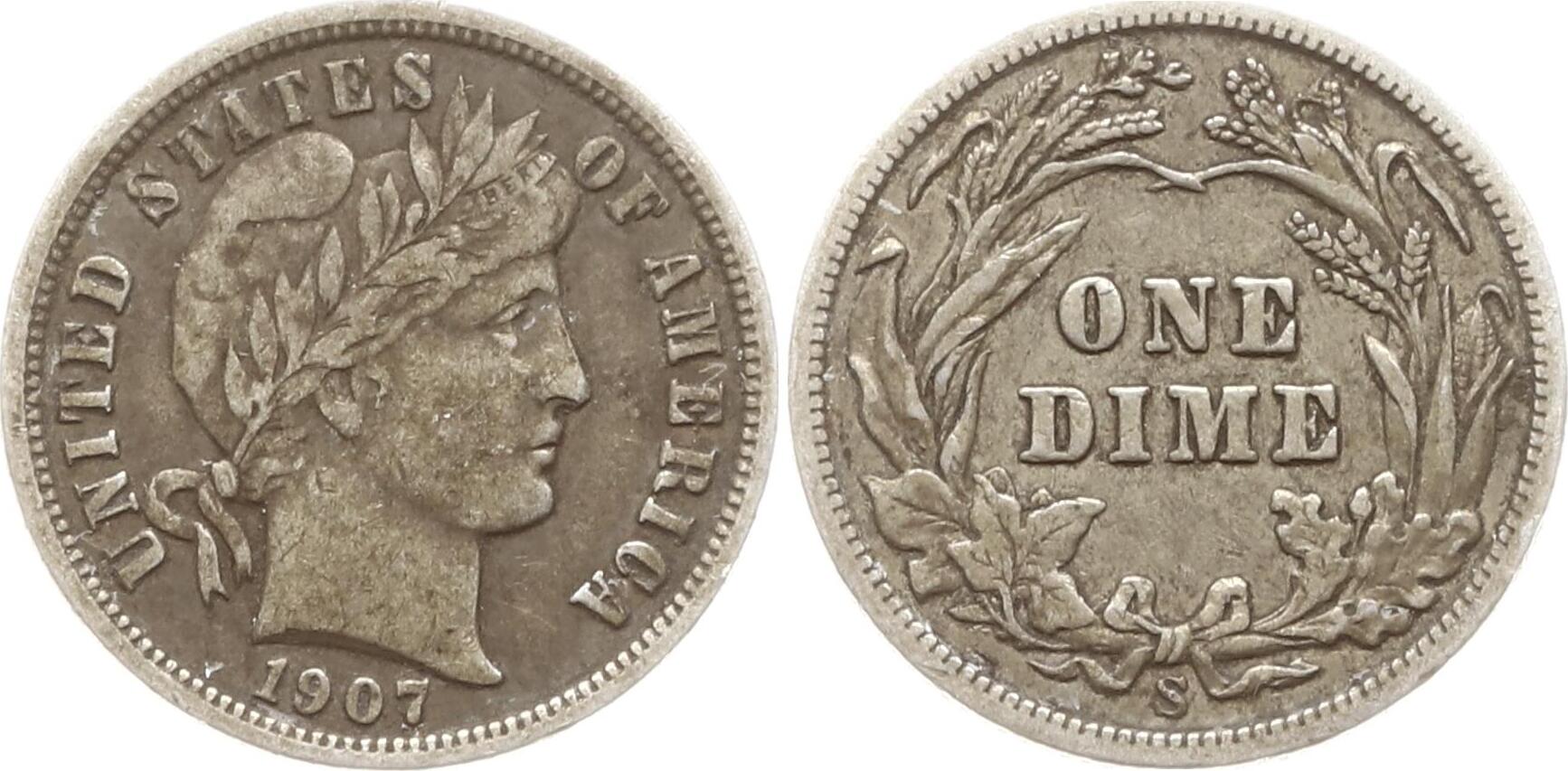 USA Dime 1907 S San Francisco VF+, feine Patina | MA-Shops