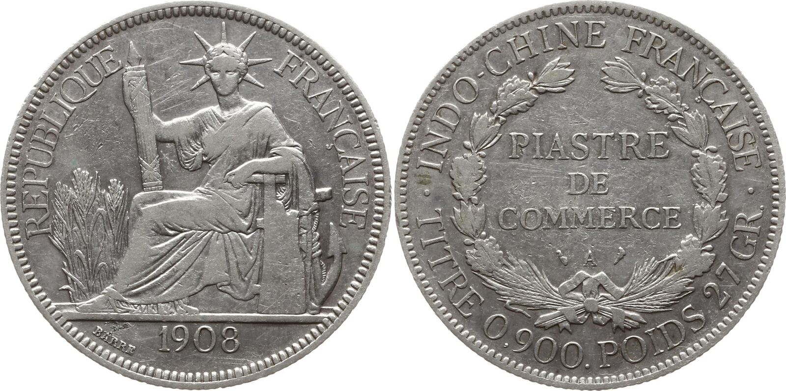 Französisch Indochina 1 Piaster 1908 A VF / VF-EF | MA-Shops