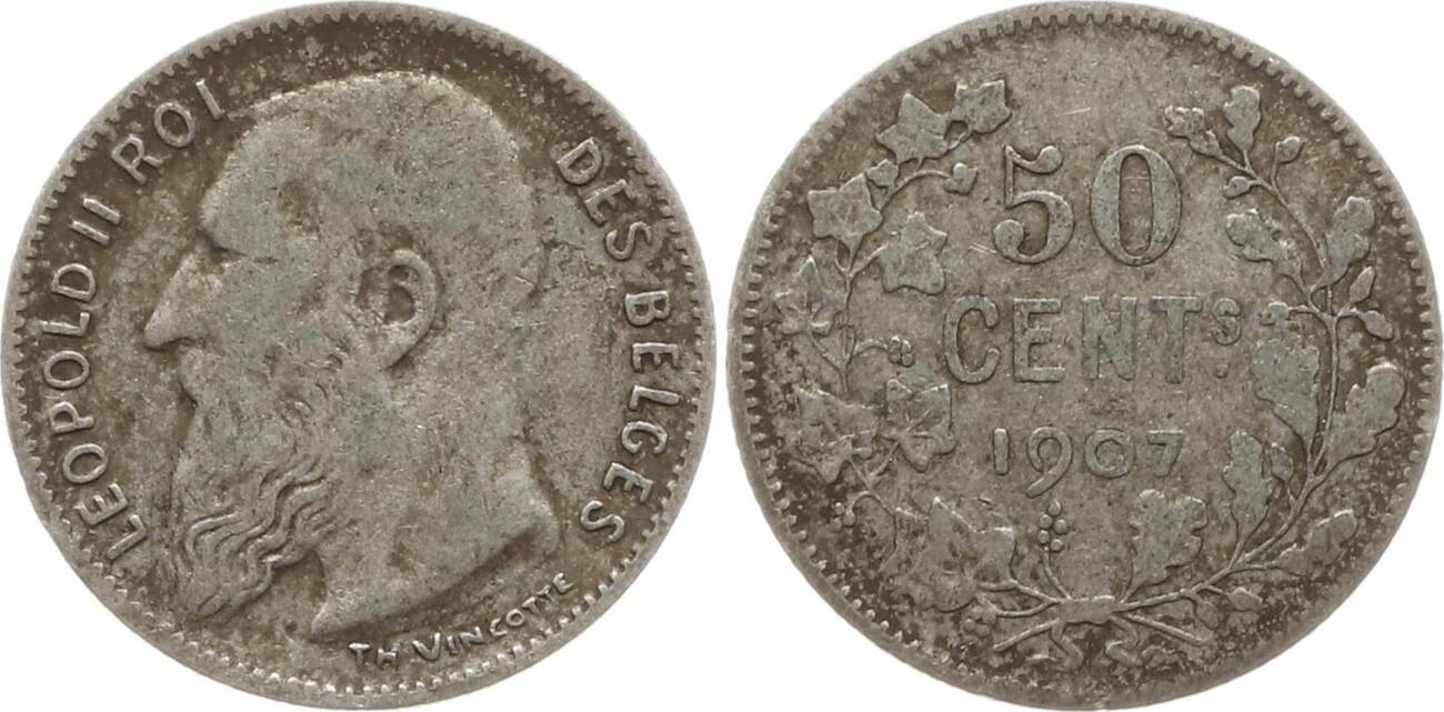 Belgien, Königreich 50 Centimes 1907 Leopold II., 1865 - 1909, Roi des Belges VF- | MA-Shops
