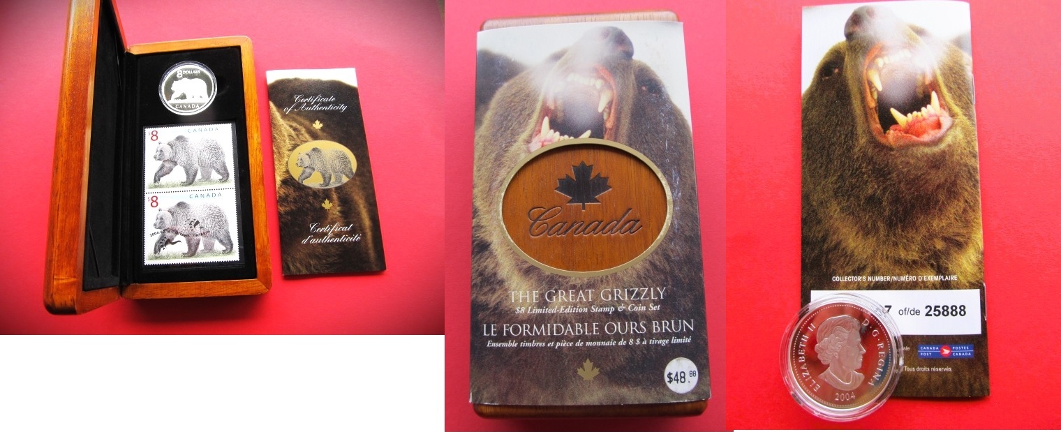 Kanada 8 Dollars 2004 Canada $8 The Great Grizzly Silver Coin & Stamp ...