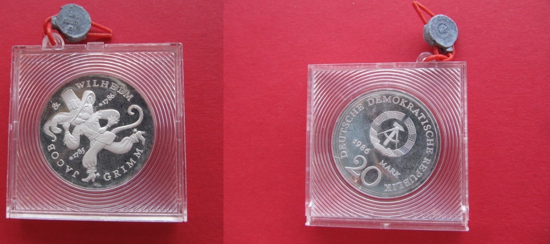 DDR 20 Mark 1986 Brothers Grimm - Puss in Boots - GDR Silver proof coin ...