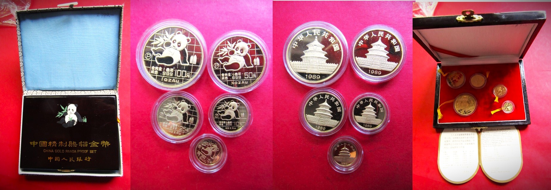 China Set, 5 x Panda Gold - 1,9 oz. 1989 Gold Panda Proof Set - 5 pcs ...