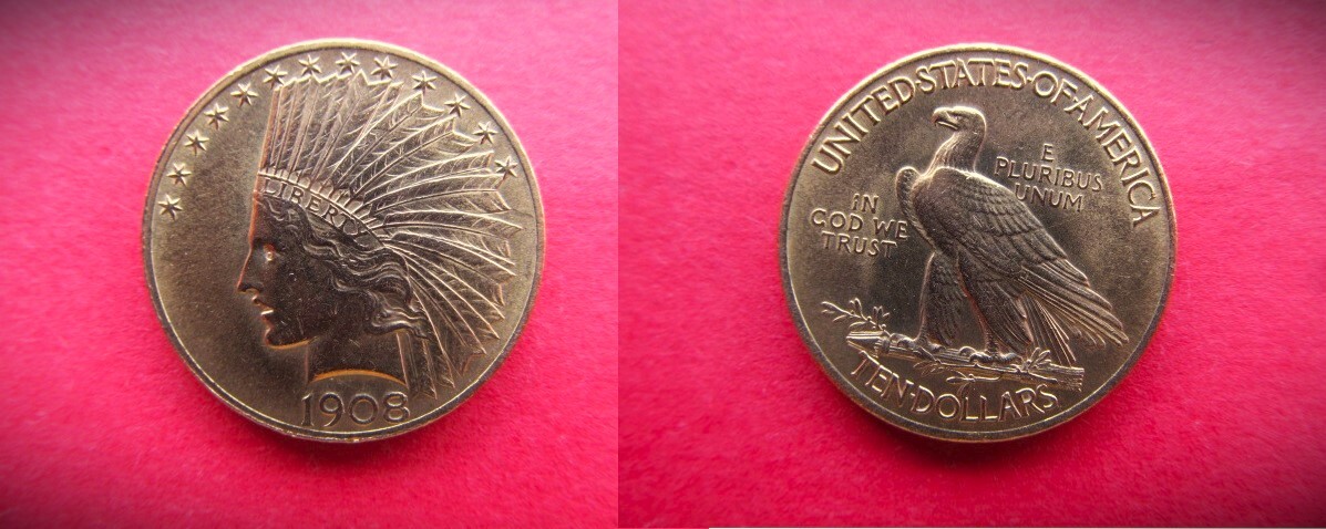 USA 10 Dollars 1908 Indian Head 10 Dollar gold coin EF / AU | MA-Shops
