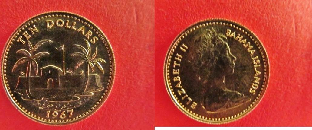 1967 Bahamas Fortress and plam trees - gold coin 10 Dollars UNC | MA-Shops