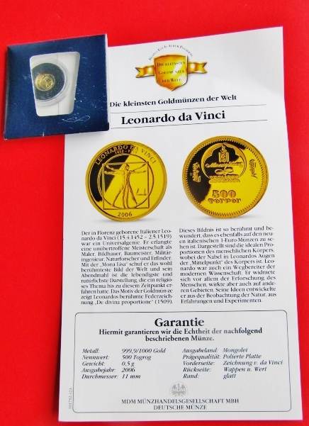 Mongolei 500 Tugrig 2006 Gold - Gold-Mini - Miniatur - Goldmünze ...