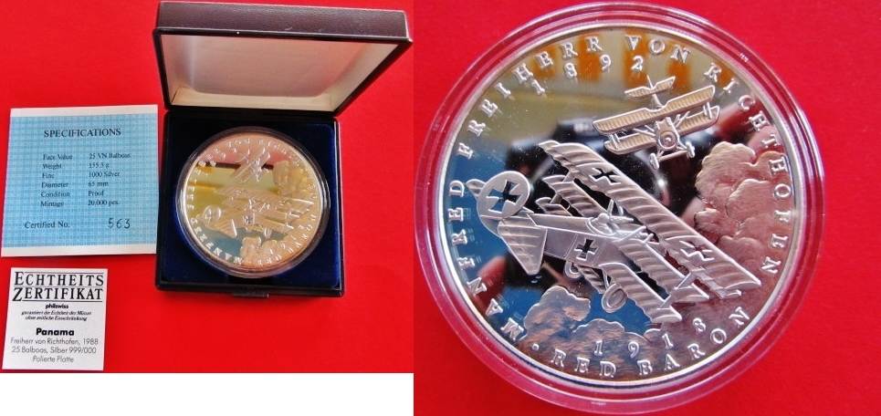 1988 Panama 5oz silver coin - Red Baron - 25 Balboas - in box + COA ...