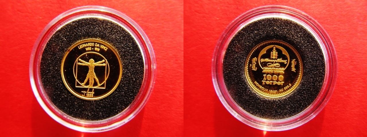Mongolei 1000 Tögrög 1999 Gold Leonardo da Vinci - Gold Miniature coin ...