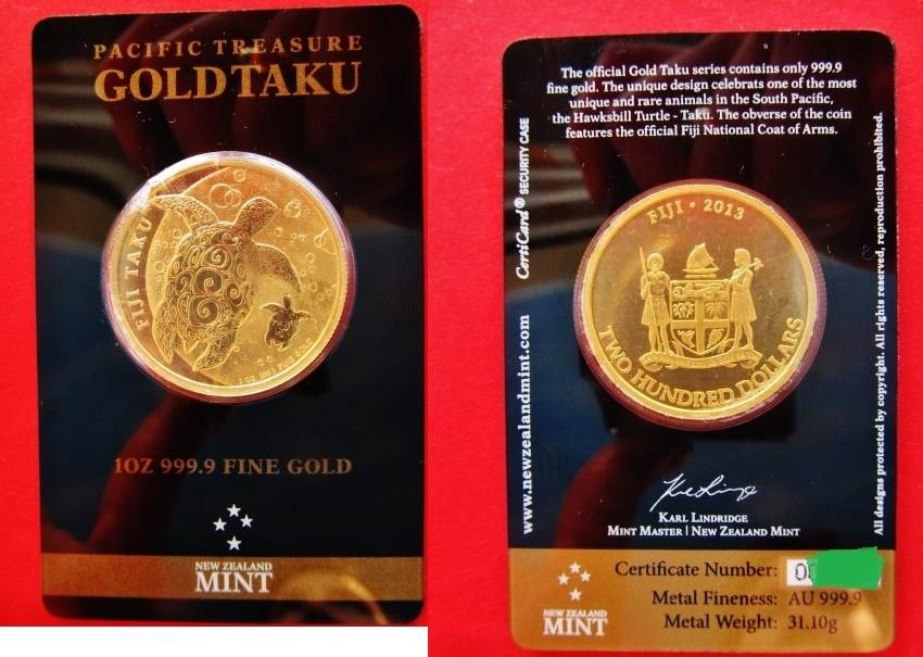 Fidschi / Neuseeland 200 Dollars 1 oz Gold coin Fiji Taki Turtle 2013 ...