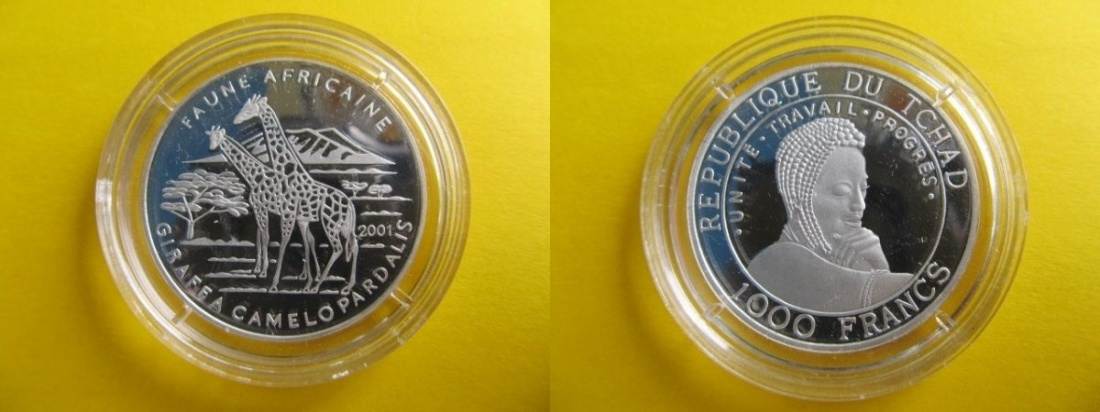 Tschad Tchad 1000 Francs 2001 Engangered Wildlife, Silver coin Proof in ...
