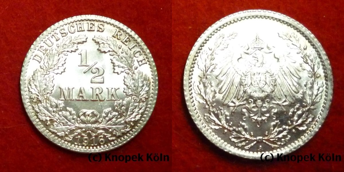 Deutsches Kaiserreich 1/2 Mark 1916 A feiner CH UNC. | MA-Shops