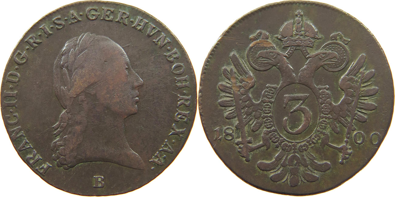 Haus Habsburg 3 kreuzer 1800 B Franz II. (I.) 1792-1835. VF- | MA-Shops