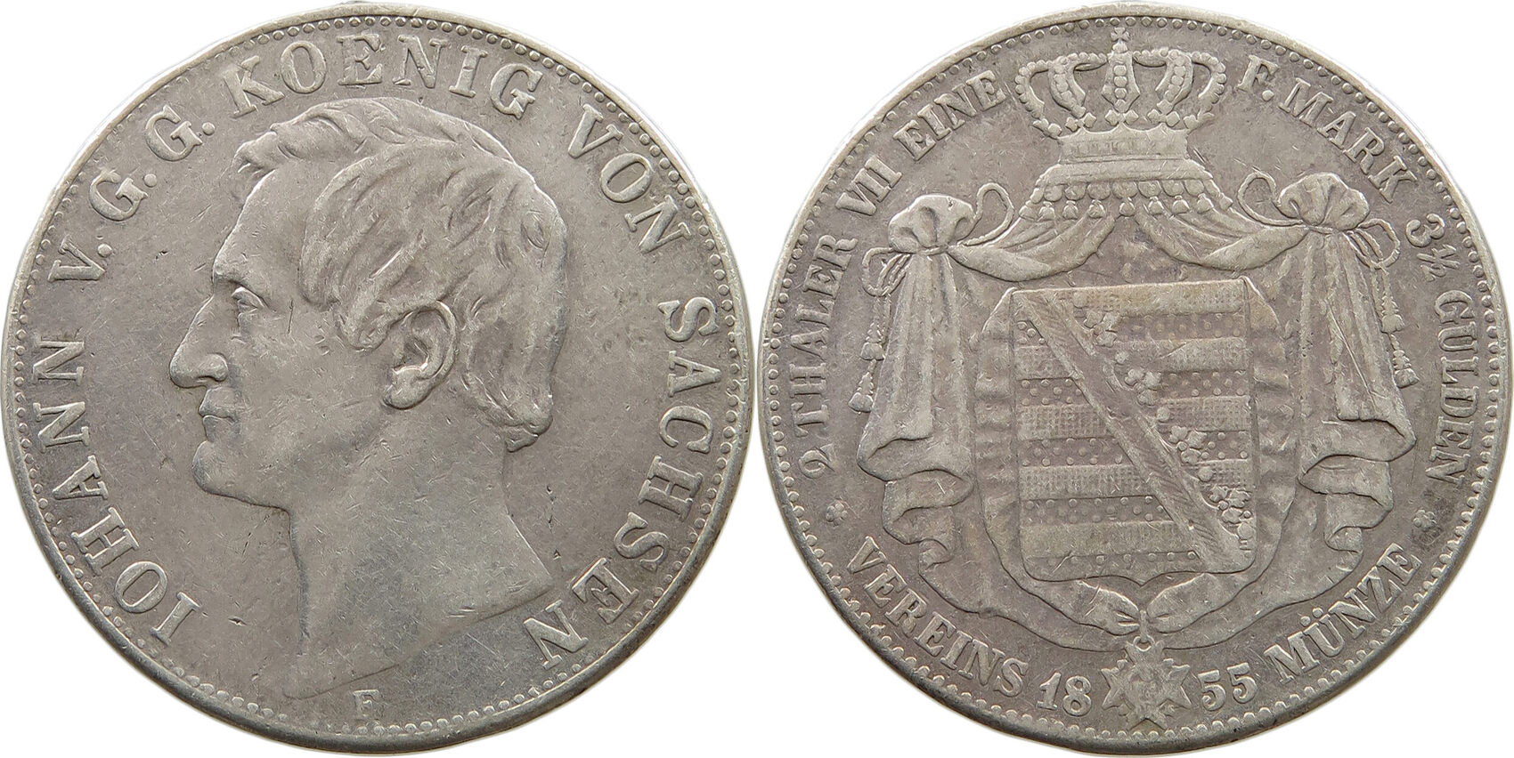 SACHSEN ALBERTINISCHE LINIE 2 TALER 1855 Johann 1854-1873 VF | MA-Shops