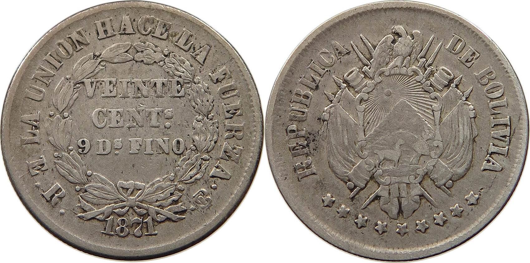BOLIVIA 20 CENTAVOS 1871 RARE VF | MA-Shops