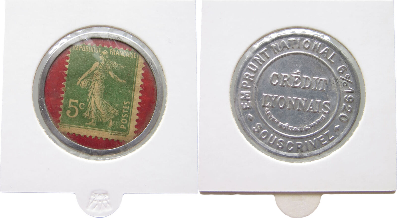 FRANCE ENCASED POSTAGE STAMP 5 CENTIMES CREDIT LYONNAIS 1920 VF | MA-Shops