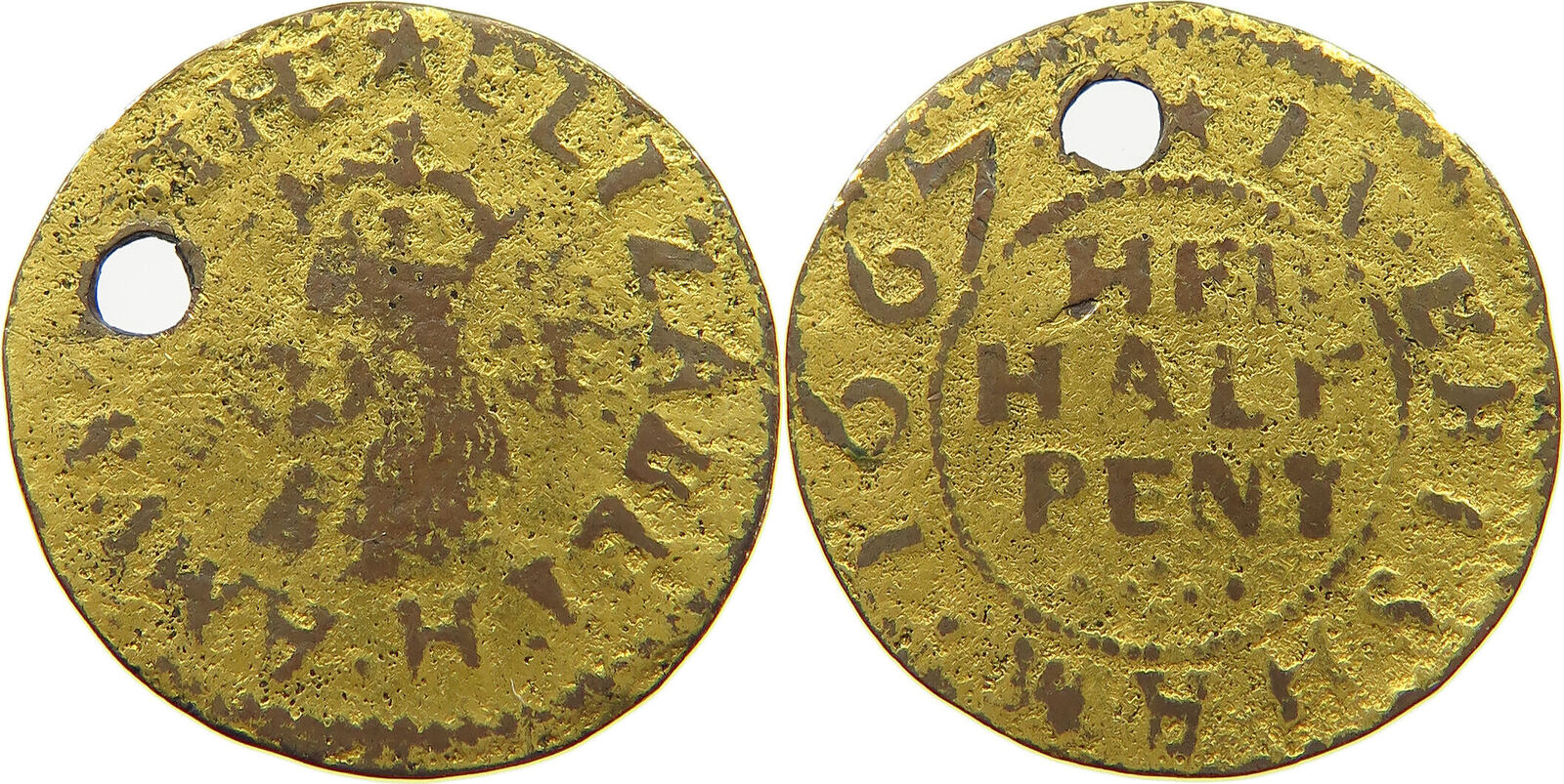GREAT BRITAIN HALFPENNY 1667 EPSOM Charles II (1660-1685) GOLD PLATED S ...