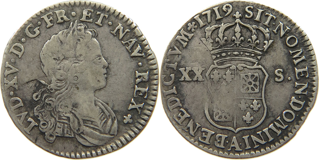 FRANCE 20 SOLS 1719 A LOUIS XV. (1715–1774) VF- | MA-Shops