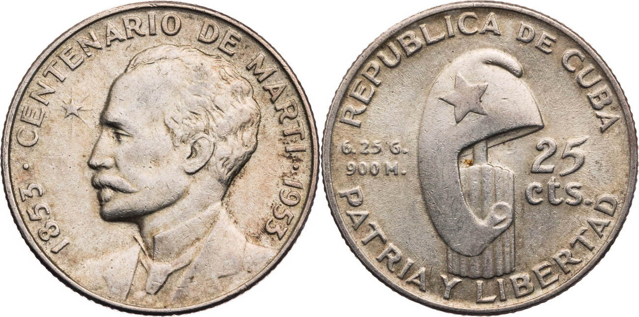 Kuba 25 Centavos 1953 Auf den 100. Geburtstag von José Martí VF | MA-Shops