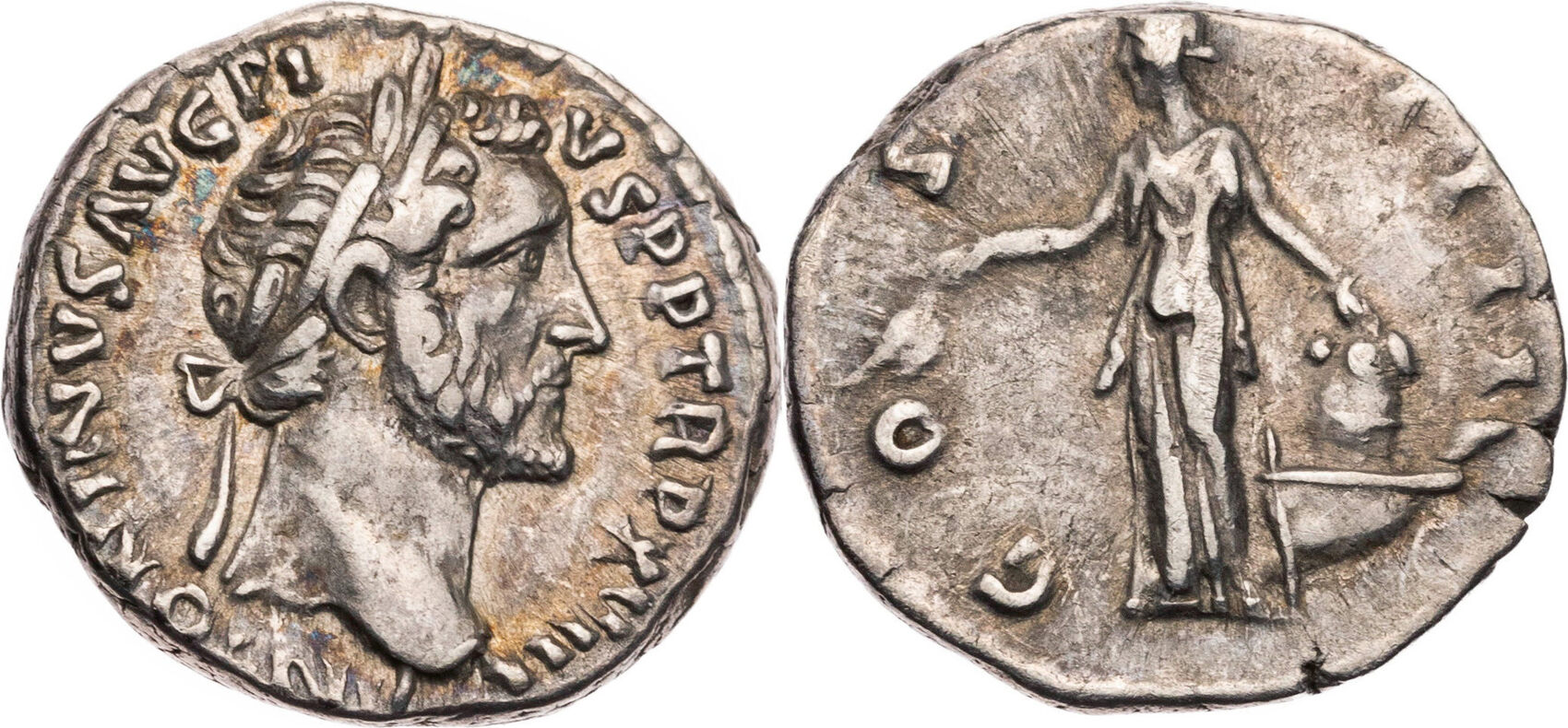 Römische Kaiserzeit Denar 154/155 n. Chr. Antoninus Pius, Kopf / Annona mit Kornähren hübsche ...
