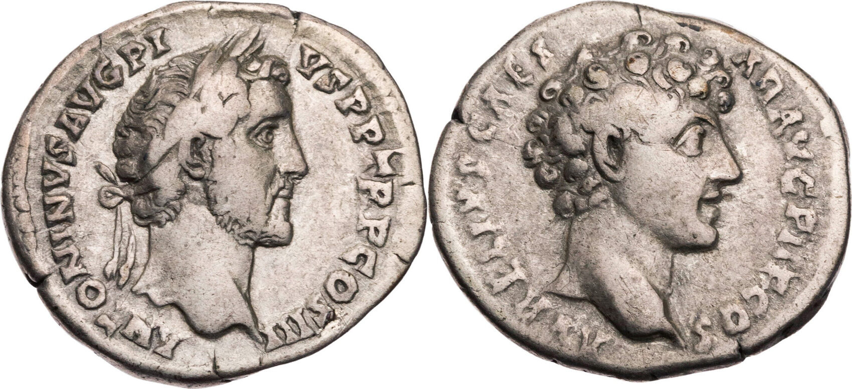 Römische Kaiserzeit Denar 140 n. Chr. Antoninus Pius, Kopf des Antoninus Pius / Kopf des ...