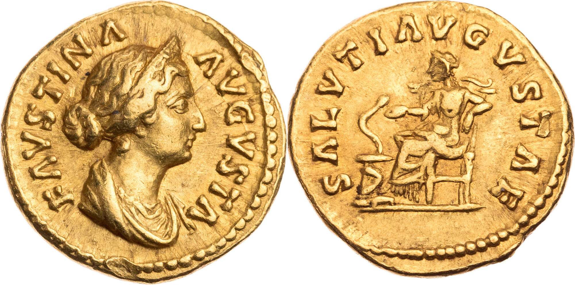 Römische Kaiserzeit Aureus 161-176 n. Chr. Faustina minor, Büste / SALVTI AVGVSTAE, Salus ...