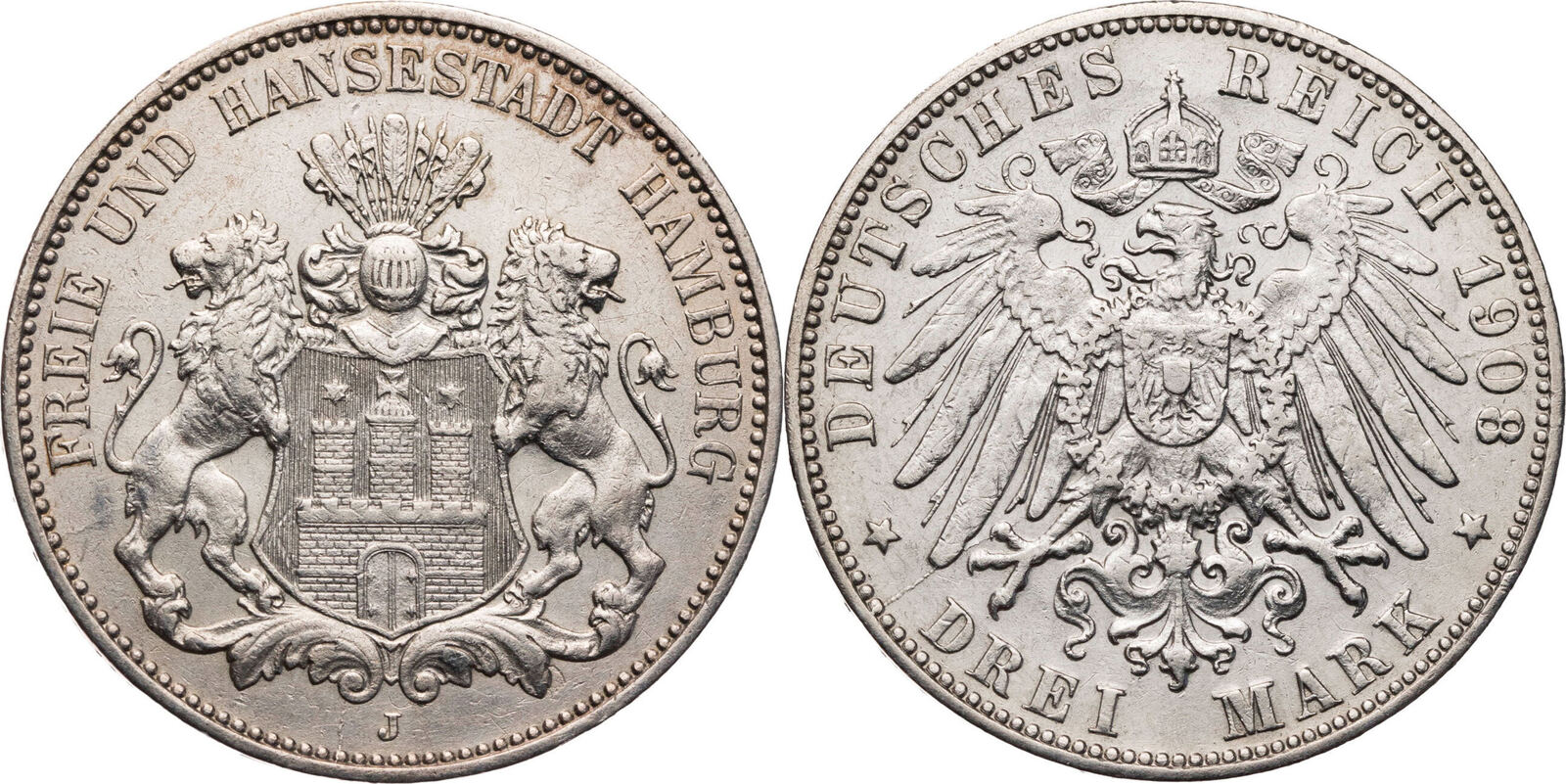 Kaiserreich, Hamburg 3 Mark 1908 J Kursmünze (1908-1914) VF | MA-Shops