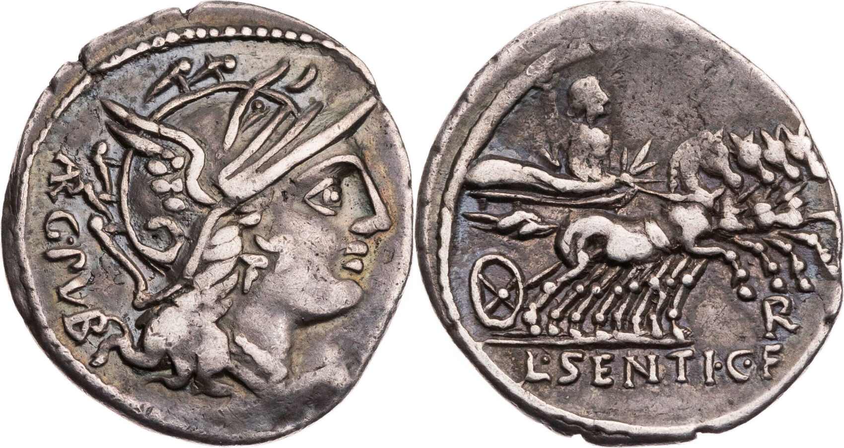 Römische Republik Denar 101 v. Chr. L. Sentius C. f., Kopf der Roma ...