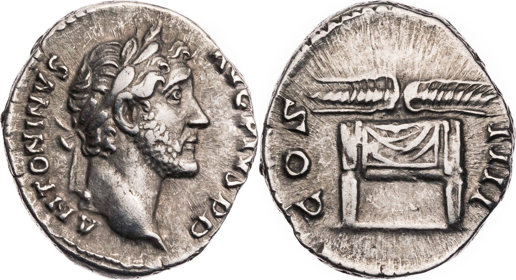 Römische Kaiserzeit Denar 145-161 n. Chr. Antoninus Pius, Kopf / Blitzbündel auf drapiertem ...