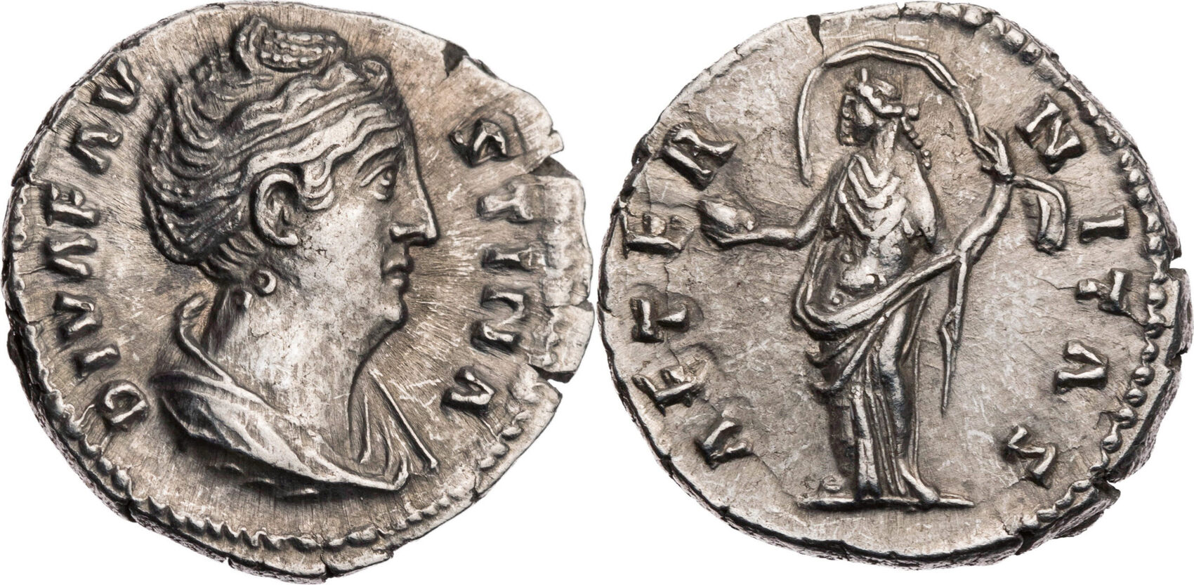 Römische Kaiserzeit Denar nach 141 n. Chr Diva Faustina I., Büste / AETERNITAS, Providentia mit ...