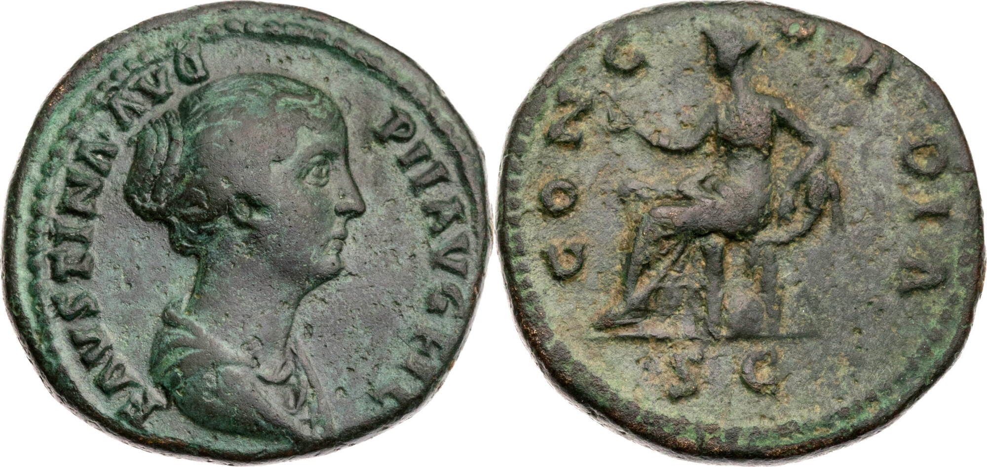 Römische Kaiserzeit As 147-161 n. Chr. Faustina minor, Büste / CONCORDIA, Concordia mit Blüte ...