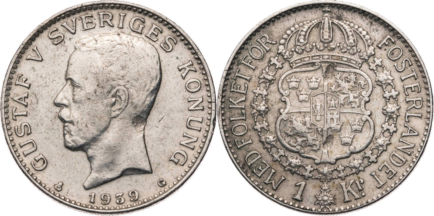 Schweden 1 Krona 1939 G Gustaf V. (1907-1950) - Kursmünze (1910-1942) VF Kratzer | MA-Shops