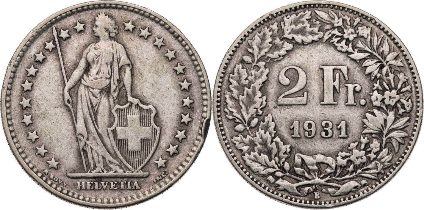 Schweiz 2 Franken 1931 B Helvetia - Kursmünze (1874-1967) VF | MA-Shops