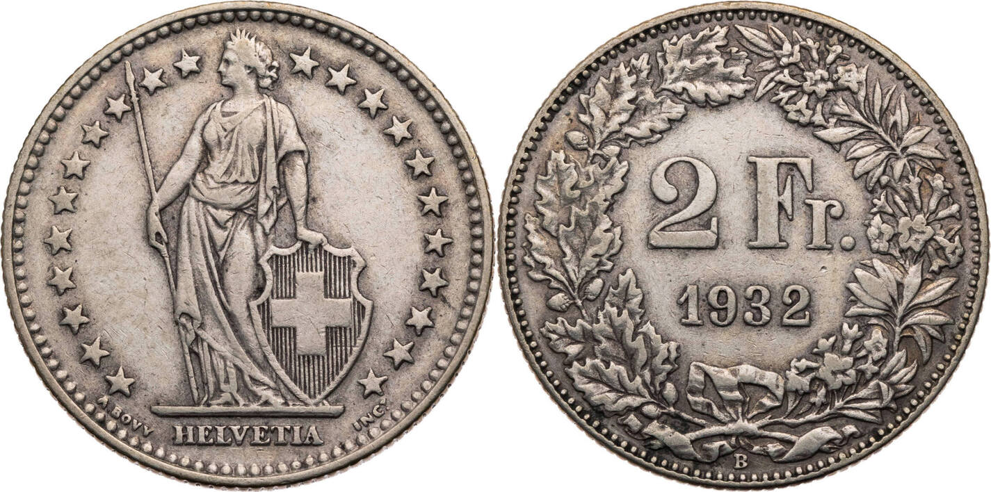 Schweiz 2 Franken 1932 B Helvetia - Kursmünze (1874-1967) VF | MA-Shops