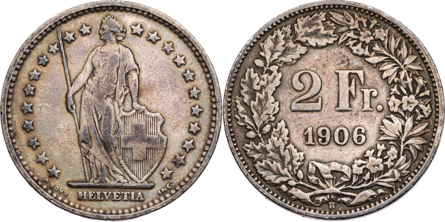 Schweiz 2 Franken 1906 B Helvetia - Kursmünze (1874-1967) VF | MA-Shops