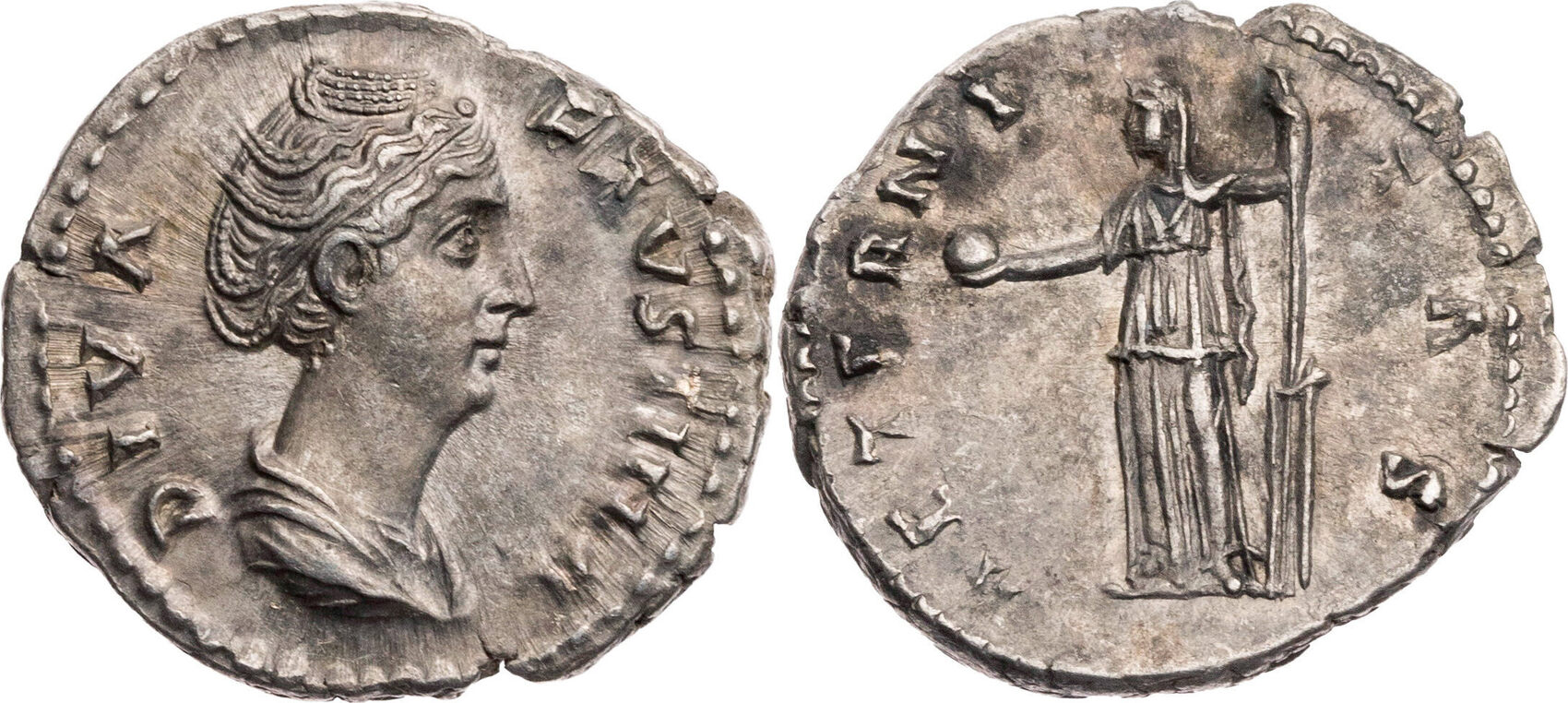 Römische Kaiserzeit Denar nach 141 n. Chr. Diva Faustina I., Büste / AETERNITAS, Fortuna mit ...