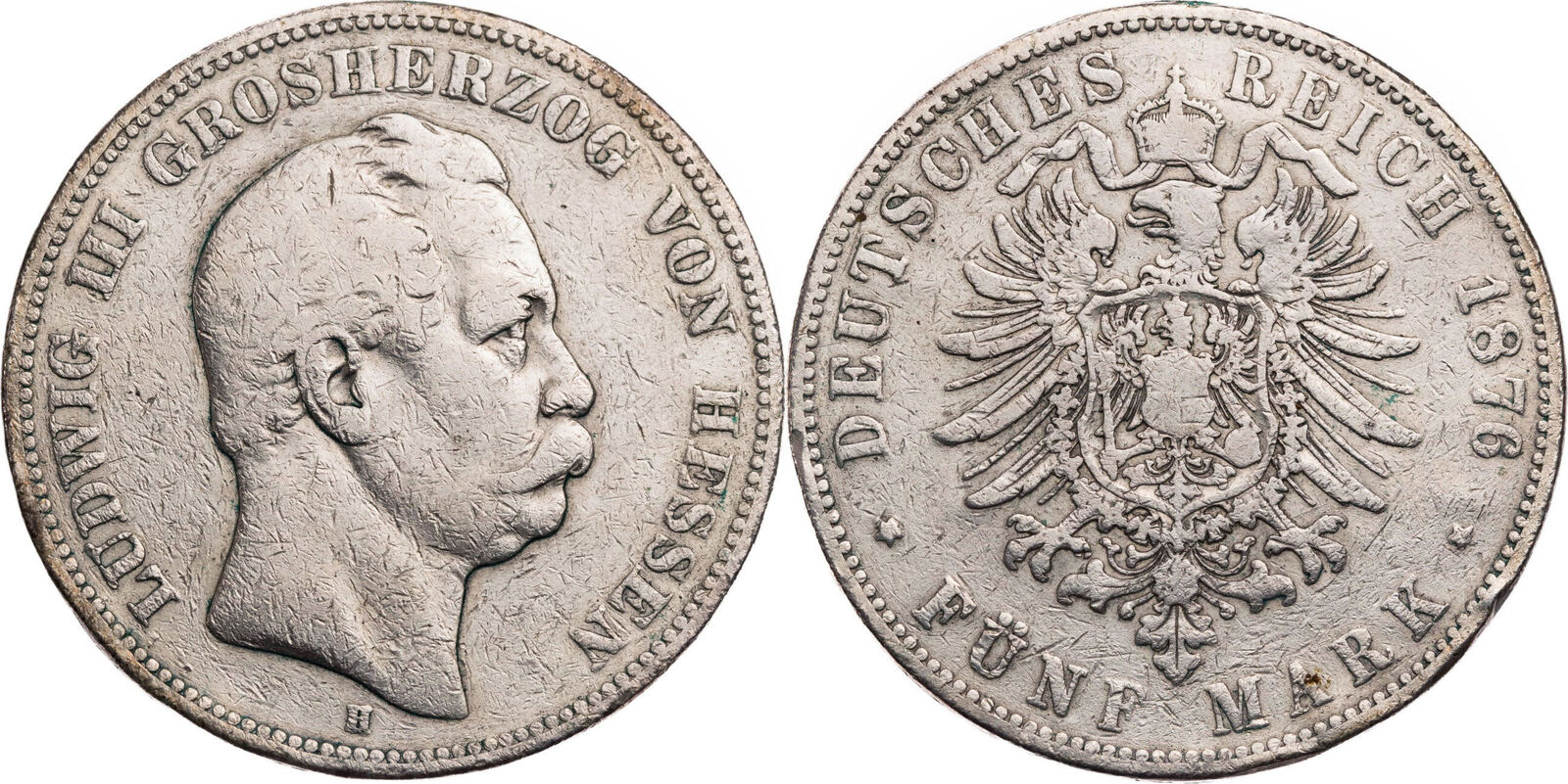 Kaiserreich, Hessen 5 Mark 1876 H Ludwig III. (1848-1877) F, Hkspr. | MA-Shops